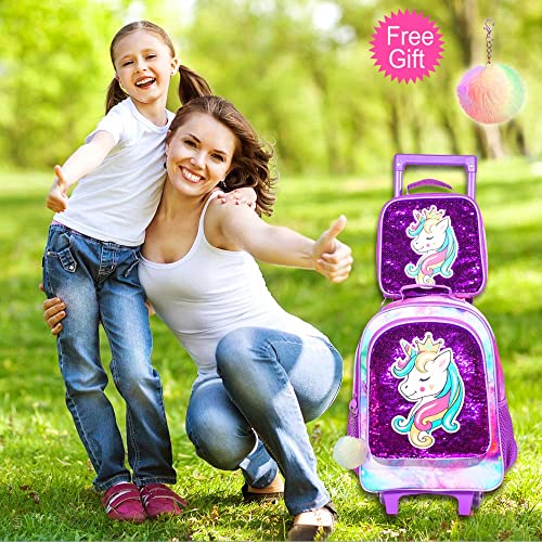 FTJCF 3PCS Rolling Backpack for Girls, Kids Unicorn Roller Bookbag with Wheels, Wheeled School Bag Set for Elementary - Purple