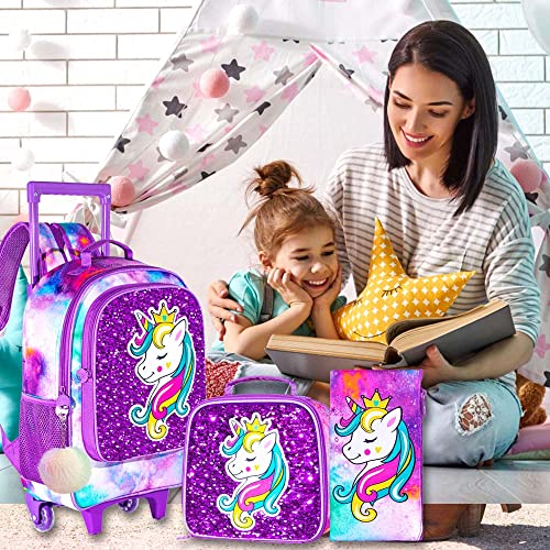 FTJCF 3PCS Rolling Backpack for Girls, Kids Unicorn Roller Bookbag with Wheels, Wheeled School Bag Set for Elementary - Purple