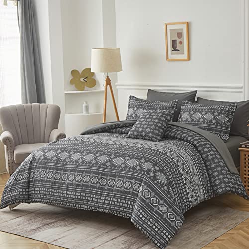 Luxudecor Boho Comforter Set King 8 Piece, Black White Striped Geometric Bed in a Bag, Aztec Comforter Set, Folkloric Art Pattern Bedding Set for All Season(Black, 104''x90'')