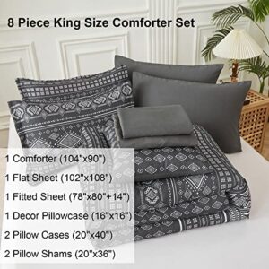 Luxudecor Boho Comforter Set King 8 Piece, Black White Striped Geometric Bed in a Bag, Aztec Comforter Set, Folkloric Art Pattern Bedding Set for All Season(Black, 104''x90'')