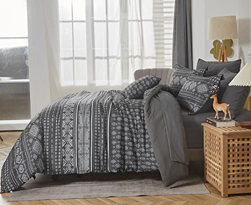 Luxudecor Boho Comforter Set King 8 Piece, Black White Striped Geometric Bed in a Bag, Aztec Comforter Set, Folkloric Art Pattern Bedding Set for All Season(Black, 104''x90'')