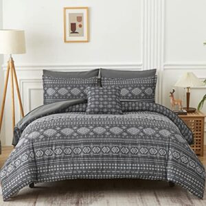 Luxudecor Boho Comforter Set King 8 Piece, Black White Striped Geometric Bed in a Bag, Aztec Comforter Set, Folkloric Art Pattern Bedding Set for All Season(Black, 104''x90'')