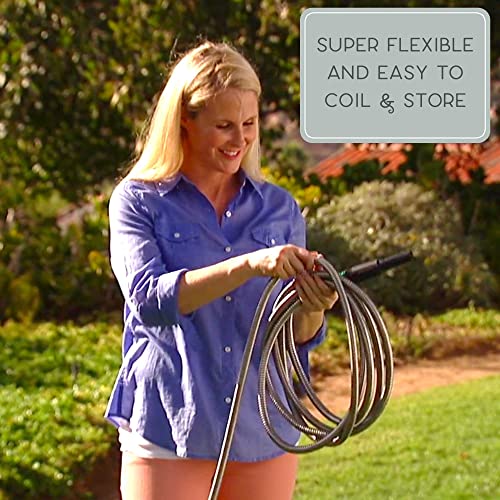 Bernini XL Metal Garden Hose 50 Ft 3/4" Super Flexible High Flow Garden Hose, No Kink Puncture Resistant 304 Stainless Steel Hose With Adjustable Fireman Spray Nozzle & Patented Power Couplers