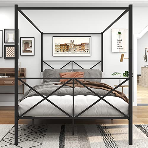 Tensun Canopy Metal Platform Bed Frame with X Shaped Headboard and Footboard,Detachable,No Box Spring Needed/Easy Assembly,Queen Size,Black