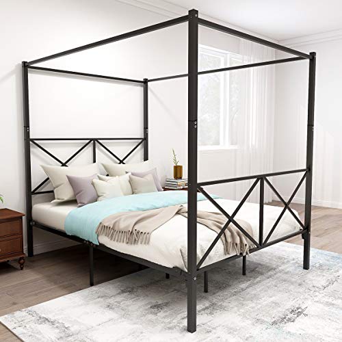 Tensun Canopy Metal Platform Bed Frame with X Shaped Headboard and Footboard,Detachable,No Box Spring Needed/Easy Assembly,Queen Size,Black