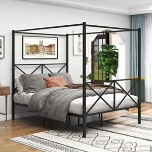 Tensun Canopy Metal Platform Bed Frame with X Shaped Headboard and Footboard,Detachable,No Box Spring Needed/Easy Assembly,Queen Size,Black