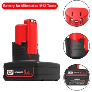 Rocivic Replace for Milwaukee M12 Battery 6.0Ah 2 Packs, Compatible with Milwaukee 12V 48-11-2410 48-11-2420 48-11-2411 48-11-2401 12 Volt Lithium Ion Battery