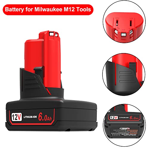 Rocivic Replace for Milwaukee M12 Battery 6.0Ah 2 Packs, Compatible with Milwaukee 12V 48-11-2410 48-11-2420 48-11-2411 48-11-2401 12 Volt Lithium Ion Battery