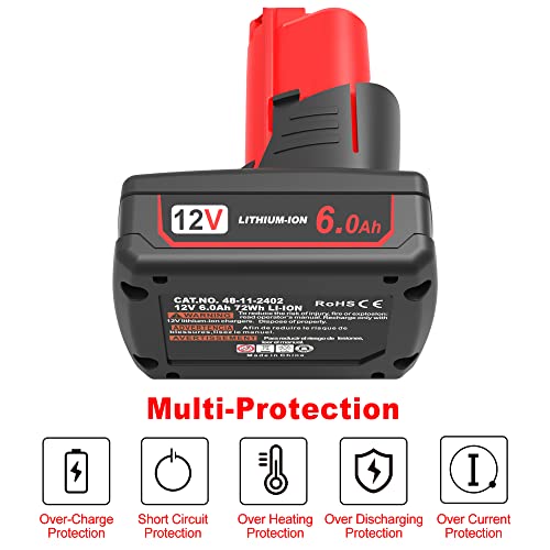 Rocivic Replace for Milwaukee M12 Battery 6.0Ah 2 Packs, Compatible with Milwaukee 12V 48-11-2410 48-11-2420 48-11-2411 48-11-2401 12 Volt Lithium Ion Battery