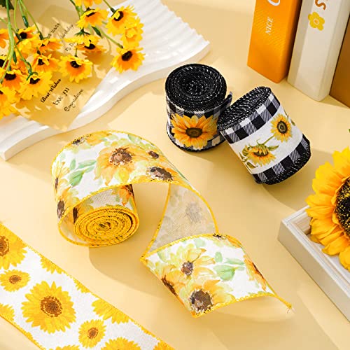 Whaline 36 Yard Sunflower Wired Edge Ribbon 6 Roll 2.5 Inch Buffalo Plaids Flower Fabric Ribbon Spring Summer Floral Decorative Craft Ribbon for Gift Wrapping Decor Hair Bow Sewing Wreath Crafts