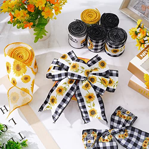 Whaline 36 Yard Sunflower Wired Edge Ribbon 6 Roll 2.5 Inch Buffalo Plaids Flower Fabric Ribbon Spring Summer Floral Decorative Craft Ribbon for Gift Wrapping Decor Hair Bow Sewing Wreath Crafts