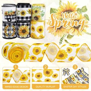 Whaline 36 Yard Sunflower Wired Edge Ribbon 6 Roll 2.5 Inch Buffalo Plaids Flower Fabric Ribbon Spring Summer Floral Decorative Craft Ribbon for Gift Wrapping Decor Hair Bow Sewing Wreath Crafts