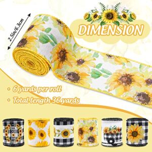 Whaline 36 Yard Sunflower Wired Edge Ribbon 6 Roll 2.5 Inch Buffalo Plaids Flower Fabric Ribbon Spring Summer Floral Decorative Craft Ribbon for Gift Wrapping Decor Hair Bow Sewing Wreath Crafts