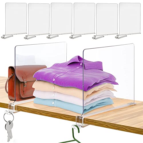 Clear Acrylic Shelf Dividers – Pack of 06 (30x3x23.5cm) - Shelf Organizer for Closet with Hook for Hanging Anything Shelf Divider for Organizing Clothes, Books, Towels and Hats