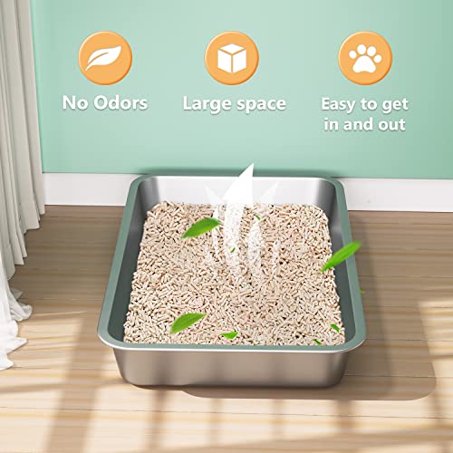 LIHONG Stainless Steel Cat Litter Box,Large Metal Litter Box for Small Large Cats Kitty Rabbits,No Smell,Non Stick,Easy to Clean(15.7" L x 11.8" W x 4" H,S)