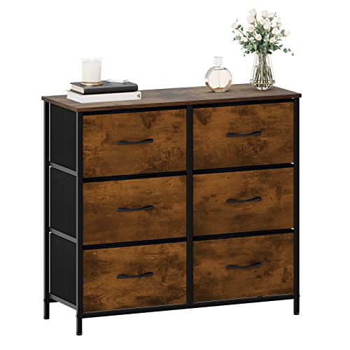 Maxtown Dresser for Bedroom 6 Drawers, Storage Drawer Units for Bedroom,Living Room, Hallway, Nursery, Tall Dresser Storage Tower with Sturdy Steel Frame, Wooden Top and Easy-Pull Fabric Bins Brown