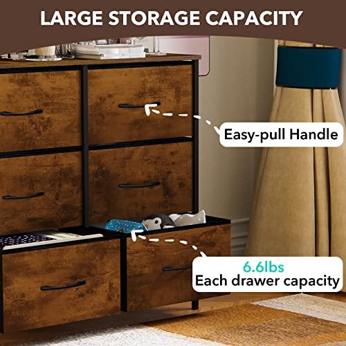 Maxtown Dresser for Bedroom 6 Drawers, Storage Drawer Units for Bedroom,Living Room, Hallway, Nursery, Tall Dresser Storage Tower with Sturdy Steel Frame, Wooden Top and Easy-Pull Fabric Bins Brown