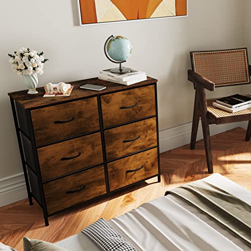 Maxtown Dresser for Bedroom 6 Drawers, Storage Drawer Units for Bedroom,Living Room, Hallway, Nursery, Tall Dresser Storage Tower with Sturdy Steel Frame, Wooden Top and Easy-Pull Fabric Bins Brown