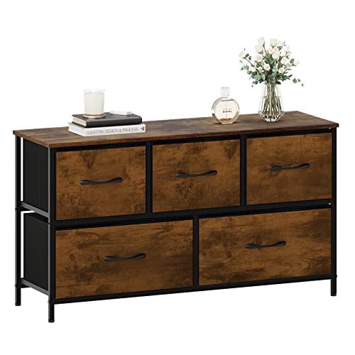 Maxtown 5 Drawer Dresser, Bedroom TV Stand with Storage Cabinet, Fabric Dresser with Steel Frame Wood Top, Kids Room, Hallway, Entrance, Living Room and Dorm Furniture Brown