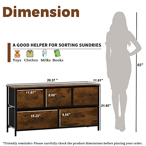 Maxtown 5 Drawer Dresser, Bedroom TV Stand with Storage Cabinet, Fabric Dresser with Steel Frame Wood Top, Kids Room, Hallway, Entrance, Living Room and Dorm Furniture Brown