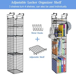 Keomaisyto 3-Shelf Hanging Locker Organizer for School, Upgraded School Locker Shelf with Adjustable Dividers & Hooks, 13-39" High Adjustable Locker Organizer for School/Work/Gym/Office Storage, Black