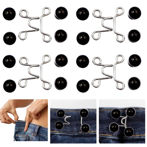 Urmspst 4 Set Pant Waist Tightener, Adjustable Waist Buckle Set, Extra Button for Jeans to Make Tighter, Button Adjuster for Pants, Jeans, Skirts, Sleeves, (Black Pearl)