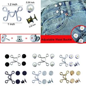 Urmspst 4 Set Pant Waist Tightener, Adjustable Waist Buckle Set, Extra Button for Jeans to Make Tighter, Button Adjuster for Pants, Jeans, Skirts, Sleeves, (Black Pearl)