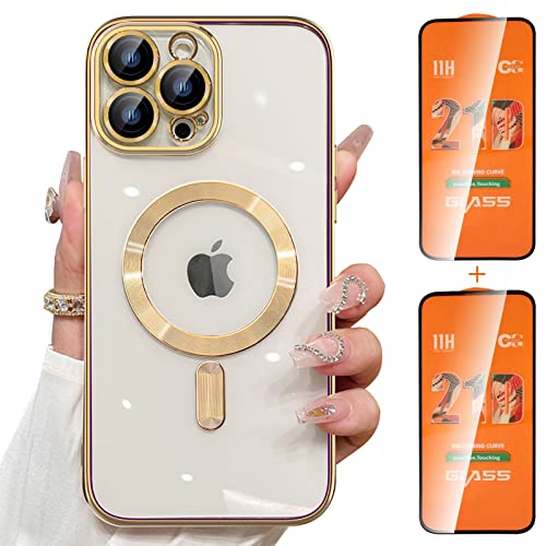 DINGKUAKE for iPhone 12 Pro Max Case Magsafe, Magnetic Clear Phone Case with Screen Protector and Camera Cover, Transparent Electroplated Case for Women/Girl/Men (Gold)