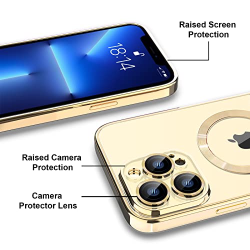 DINGKUAKE for iPhone 12 Pro Max Case Magsafe, Magnetic Clear Phone Case with Screen Protector and Camera Cover, Transparent Electroplated Case for Women/Girl/Men (Gold)