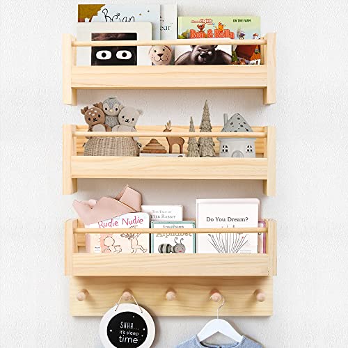 COMAX Small Book Shelf Organizer for Kids, Floating Bookshelf for Toddler Baby Room Bedroom, Set of 3 Wall Bookshelf Nursery Book Shelves Holder, Hanging Book Shelf for Wall Mounted Decor, Wood