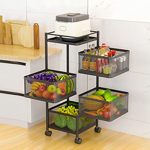 4-layer Rolling Storage Cart for Fruit Vegetable, Multi-Functional Black Square Rotary Storage Rack with Mesh Baskets & Wheels for Kitchen, Living Room, Office, Bathroom, 26.5 x 26.5 x 80cm