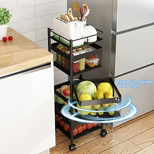 4-layer Rolling Storage Cart for Fruit Vegetable, Multi-Functional Black Square Rotary Storage Rack with Mesh Baskets & Wheels for Kitchen, Living Room, Office, Bathroom, 26.5 x 26.5 x 80cm