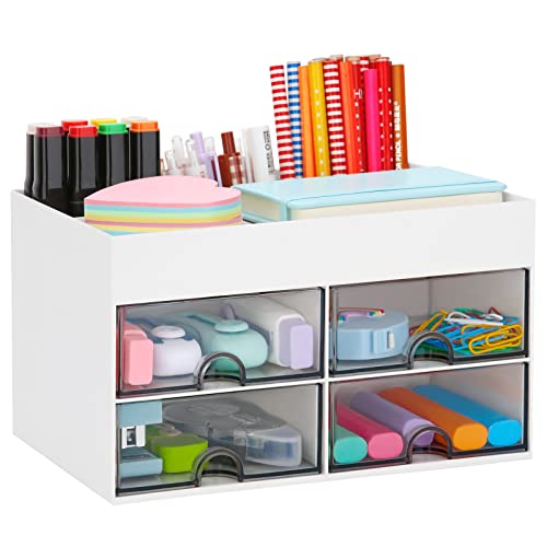 LETURE Desk Organizer Office Desktop Organizer with Drawer, Desk Top Accessories Stationary Organizer Desk Caddy, Pen/Pencil/Business Card/Sticky Note Tray/Paperclip Holder Storage Box (White)