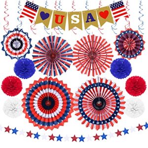 oeago 4th of july decorations decor patriotic memorial day decorations red white blue paper fans love usa banner flower balls pom poms hanging swirls star streamer independence flag day party for home