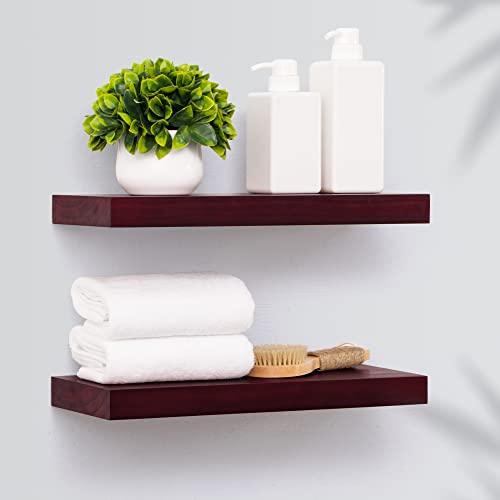 Floating Shelves Set of 2, Farmhouse Rustic Wood Shelves for Wall Storage, Solid Wood Bathroom Shelves, Wall Mounted Wooden Display Shelf for Living Room, Kitchen, 16 x 6.7 x 1.4 inch, Mahogany