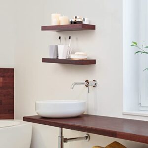 Floating Shelves Set of 2, Farmhouse Rustic Wood Shelves for Wall Storage, Solid Wood Bathroom Shelves, Wall Mounted Wooden Display Shelf for Living Room, Kitchen, 16 x 6.7 x 1.4 inch, Mahogany