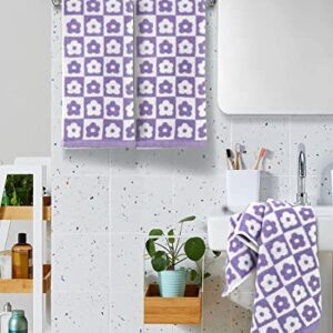 Cotton Face Towels Set of 4 - Checkered Floral Bathroom Hand Towels for Everyday Use, 29” x 13” Lilac