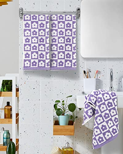 Cotton Face Towels Set of 4 - Checkered Floral Bathroom Hand Towels for Everyday Use, 29” x 13” Lilac