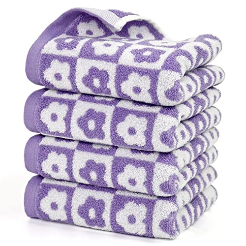 Cotton Face Towels Set of 4 - Checkered Floral Bathroom Hand Towels for Everyday Use, 29” x 13” Lilac