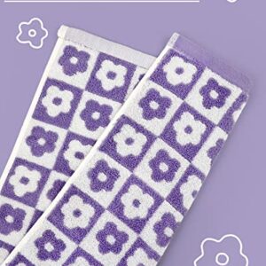 Cotton Face Towels Set of 4 - Checkered Floral Bathroom Hand Towels for Everyday Use, 29” x 13” Lilac