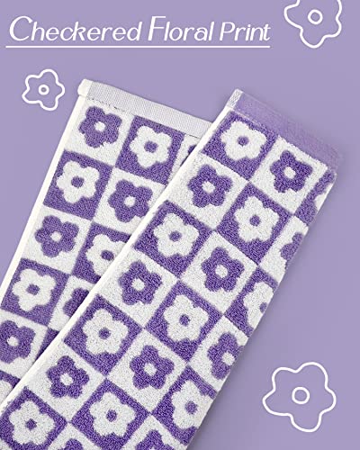 Cotton Face Towels Set of 4 - Checkered Floral Bathroom Hand Towels for Everyday Use, 29” x 13” Lilac