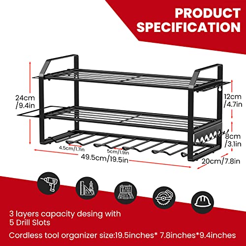 VZZNN Power Tool Organizer, Drill Holder Wall Mount with 5 Slots, Metal Drill Rack for Garage Organization, Cordless Drill Storage for Father's Day Gift