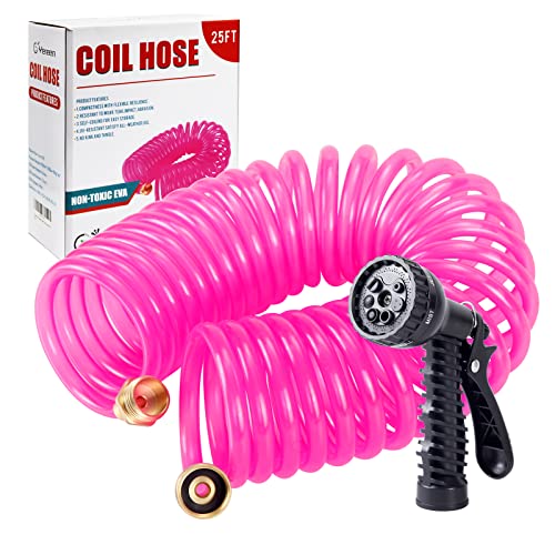 Yereen Coil Garden Hose 25FT, EVA Recoil Garden Hose, Transparent Self-coiling Water Hose with 3/4" Brass Connector Fittings with 7 Function Spray Nozzle, Pink