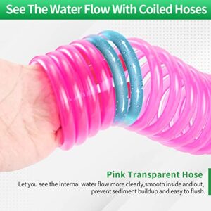 Yereen Coil Garden Hose 25FT, EVA Recoil Garden Hose, Transparent Self-coiling Water Hose with 3/4" Brass Connector Fittings with 7 Function Spray Nozzle, Pink