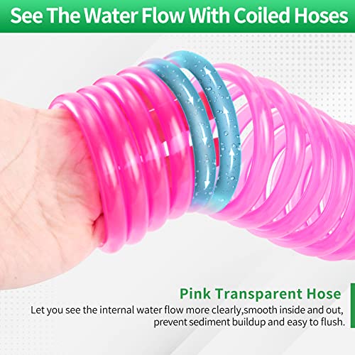 Yereen Coil Garden Hose 25FT, EVA Recoil Garden Hose, Transparent Self-coiling Water Hose with 3/4" Brass Connector Fittings with 7 Function Spray Nozzle, Pink