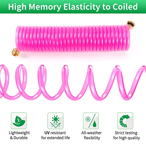 Yereen Coil Garden Hose 25FT, EVA Recoil Garden Hose, Transparent Self-coiling Water Hose with 3/4" Brass Connector Fittings with 7 Function Spray Nozzle, Pink