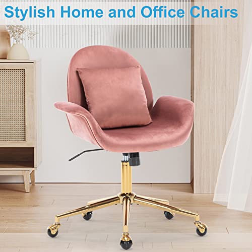 Office Chair Ergonomic Desk Chair - Velvet Vanity Fabric Home Office Chair Modern Adjustable Height Computer Chair with Pillow Swivel Executive Task Chair for Makeup and Living Room, Pink