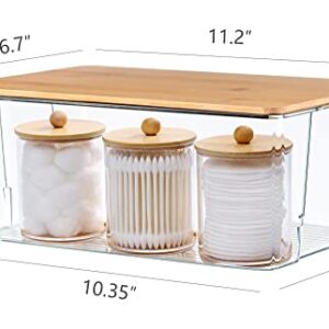 Hudgan Plastic Storage Containers with Bamboo Lids, Medicine Cabinet Organizer Drawer Organizers Clear Bins with Lids for Organizing Pantry or Bathroom - 4.5 Inches Tall - Set Of 4