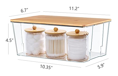 Hudgan Plastic Storage Containers with Bamboo Lids, Medicine Cabinet Organizer Drawer Organizers Clear Bins with Lids for Organizing Pantry or Bathroom - 4.5 Inches Tall - Set Of 4