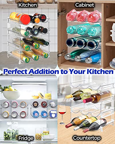 Water Bottle Organizer for Cabinet, Stackable Water Bottle Holder for Kitchen Pantry Organization and Storage, Plastic Wine Rack, Drink Organizer for Fridge, Freezer -4 Packs, Hold 12 Bottles, Clear